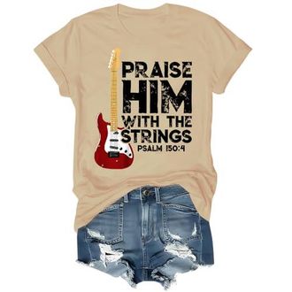 Generic T-shirt guitare chr&eacute;tienne &laquo; Praise Him with The Strings &raquo; pour femmes et hommes, kaki, XL
