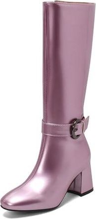 Generic Bottes d&eacute;quitation pour femme &agrave; bout carr&eacute; et talon bloc m&eacute;tallique brillant avec fermeture &eacute;clair lat&eacute;rale et sangle &agrave; boucle, rose, 39.5 EU