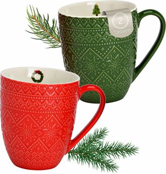 Matches 21 Kaffeetassen 2er Set in Rot & Grün mit Winter Design - Jumbo Weihnachts-Tassen aus Porzellan 410 ml