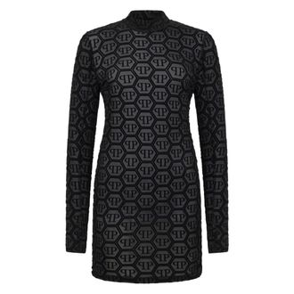Philipp Plein T&uuml;ll Mini-Kleid mit langen &Auml;rmeln Monogram Strass - - Dresses - Damen - Schwarzk - L