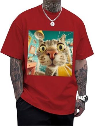 Generic T-shirt surdimensionn&eacute; pour homme - Col rond imprim&eacute; chat | T-shirt d&eacute;t&eacute; &agrave; manches courtes en coton coupe ample pour v&ecirc;tements de rue, rouge vin, 3XL
