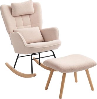 HOMCOM Schaukelstuhl mit Hocker Schaukelsessel Gepolstert Schwingsessel mit Lendenkissen, Kopfst&uuml;tze, Relaxsessel mit Fleece-Bezug, hoher R&uuml;ckenlehne Schwing