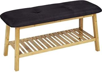 WENKO Schubank Mod. Ecori mit Sitzpolster, Sitzbank aus Bambus (FSC-Zertifiziert), Ablage für max. 4 Paar Schuhe, Bezug aus recyceltem Polyester, 90 x 45 x 