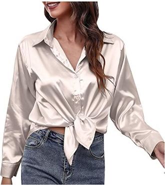 Generic Chemisier &eacute;l&eacute;gant pour femme - Chemisier en satin pour femme - Long chemisier d&eacute;contract&eacute; &agrave; manches boutonn&eacute;es - Chemisier &eacute;l&eacute;gant &agrave; col en V - Haut e