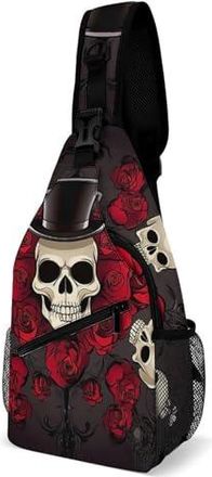 Generic Sacoche Homme Bandouliere Roses rouges, chapeau magique, squelette, cr&acirc;nes en sucre du Jour des Morts Mode Sac De Poitrine Polyester Sac DEpaule pour 
