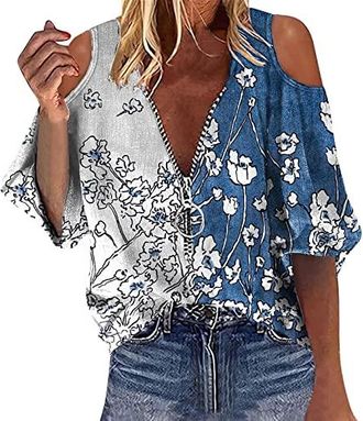 Generic Robes boh&egrave;mes pour femmes, t-shirts &agrave; motif floral, hauts d&eacute;contract&eacute;s, col boutonn&eacute;, chemisiers, t-shirt &agrave; manches longues, bleu ciel, XL