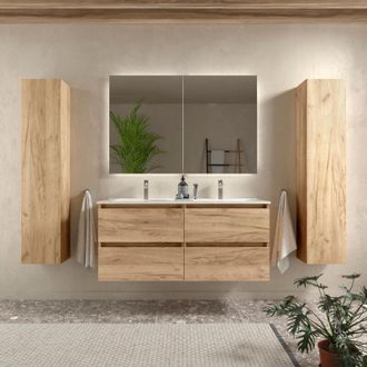 Cygnus Bath Meuble salle de bain - 120 cm - Plan double vasques c&eacute;ramique - Effet ch&ecirc;ne brut - a suspendre - karaib
