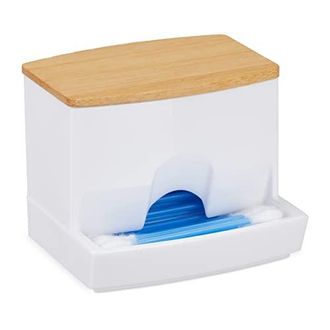 Relaxdays Distributeur coton-tiges, acrylique, bambou, petite bo&icirc;te, rangement, salle de bain, blanc/nature
