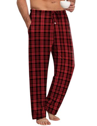 Ekouaer Schlafanzughose Herren Lang Schlafhose f&uuml;r Herren Pyjamahose M&auml;nner Karierte Hose mit Taschen Nachtw&auml;sche Hose Freizeithose Haushose Loungewear,Rot Ka