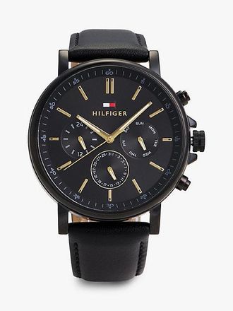 Tommy Hilfiger Montre plaqu&eacute; ion noir &agrave; bracelet en cuir