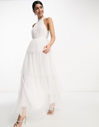 Vila Robe de mari&eacute;e mi-longue en tulle avec encolure am&eacute;ricaine et jupe &agrave; volants - Blanc