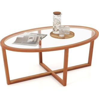 Costway Costway - Table Basse en Verre Tremp&eacute;, Table Basse Bois Ovale, Pieds Crois&eacute;e en Bois dAcacia, Table de Salon Naturel, Brun