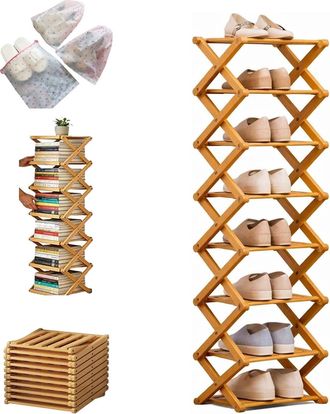Generic 9-St&ouml;ckiges Bambusregal, 9-St&ouml;ckiges Bambusregal Ohne Montage, Faltbarer Platzsparender Schuhorganizer, Vertikale Schlanke Schuhaufbewahrung Mit 2-10 