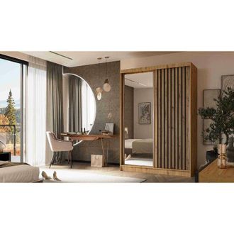 Furnix Kleiderschrank Lillienne 150 Schrank Schiebetüren & Spiegel Artisan Lamellen Schwarz - Furnix