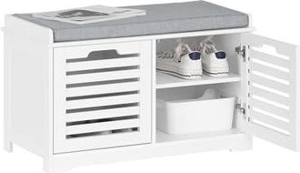 SoBuy Banc Chaussures Entrée Rangement - Meuble à Chaussures avec Coussin Rembourré et 2 Portes - Banc dEntrée en Bois pour Couloir - 71x35x43cm, Blanc, FSR