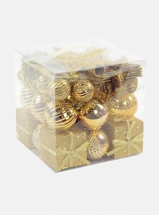 Dmora Box 50 St&uuml;ck mehrformige Weihnachtsdekorationen, Ornamente und Spitze, Set Sortiment Weihnachtskugeln, Box Weihnachtsbaum Set, 4 bis 7 cm, Gold Farbe