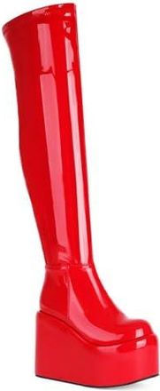 Generic Bottes longues &agrave; talon compens&eacute; &agrave; bout rond pour femme avec fermeture &eacute;clair lat&eacute;rale, Rouge, 39.5 EU