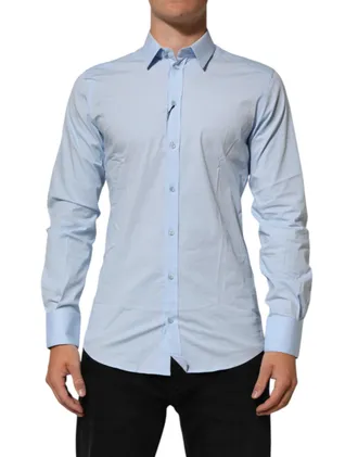 Dolce & Gabbana Light Blue Cotton Gold Formal Men Dress Shirt Elastane