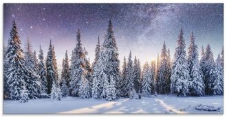 Artland Wanddeko Glasbilder Wandbild Glas Bild einteilig 100x50 cm Querformat Winterlandschaft Wald Tannenbaum Natur Sternenhimmel Winter U1TO