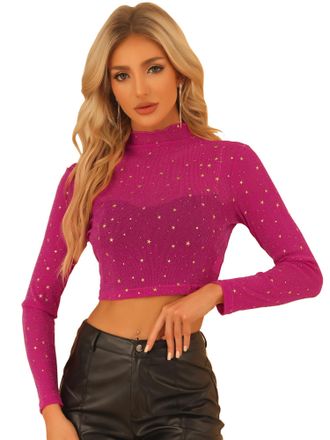 Allegra K Damen Stern Oberteil Mesh Langarmshirt Stehkragen Durchsichtig Glitzer Stern Crop Top Rosa XL