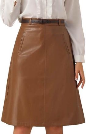 Allegra K Jupes en Similicuir Femme Jupe Midi Crayon Vintage avec Ceinture Taille Haute Jupe Mi-Longue Trap&egrave;ze Marron Fonc&eacute; L
