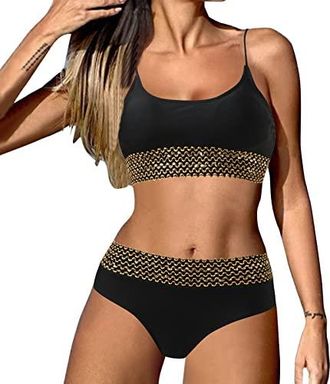 Generic Maillot de bain 2 pi&egrave;ces pour femme - Col en V - Taille haute - Contr&ocirc;le du ventre - Bas de bikini pour femme, Noir, XL