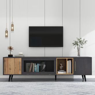 Generic TV-Lowboard 200x40x55,5 cm Dunkelgrau Holzoptik mit geriffelter Glasklappt&uuml;r, 4 T&uuml;ren, offenem Fach, Kabelmanagement, TV-Schrank bis 90 Zoll, Fernsehs