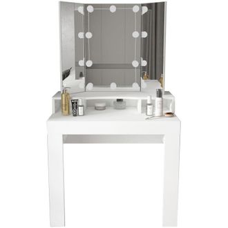 ML Design Ml-design - Schminktisch Wei&szlig; Frisiertisch mit led Beleuchtung, Spiegel 3-tlg klappbar, Schublade 3 F&auml;cher, 89,5x155x43,5cm, Kosmetiktisch f&uuml;r Damen