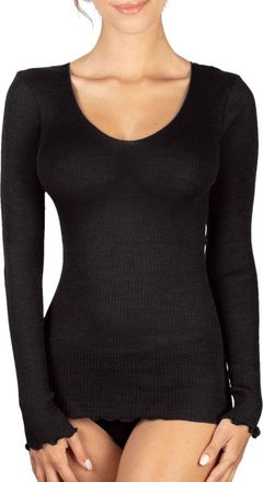 EGi Lang&auml;rmliges Damen-Oberteil aus 85 % Wolle und 15 % Seide mit Plissee-Rand, Schwarz, L-XL