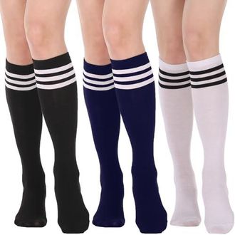 Dreshow 3 Paires Chaussettes Hautes pour Femmes Chaussettes Montantes Longues sous Genoux Mi-bas &agrave; Triple Rayure Extensible