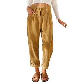 Generic Pantalon vintage d&eacute;contract&eacute; en velours c&ocirc;tel&eacute; taille haute avec poches pour femme, kaki, 3XL