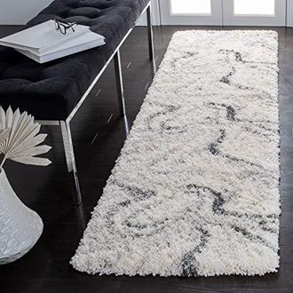 Safavieh Tapis Shag pour Salon, Salle à Manger, Chambre à Coucher - Fontana Shag Collection, Tapis à Poil Court, Ivoire et Gris, 69 x 244 cm