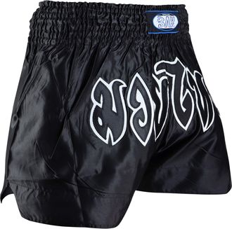 Bay Thaiboxhose REMY mit Traditioneller Thaischrift, Satin-Material, Elastikbund und Schnürung, Schwarz/Weiß, XXS-XXL für Kinder, Damen und Herren (DE/NL/