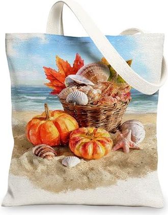 Generic Sacs fourre-tout en toile de plage vintage, motif coloré de coquillage de citrouille, sacs dépicerie réutilisables, légers et lavables, bandoulière C,