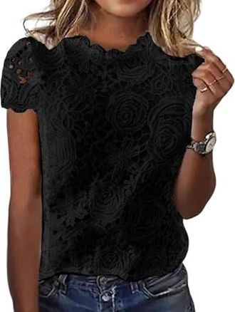 Generic Chemise à manches courtes en dentelle pour femme Printemps et été 2026, Noir, XXL