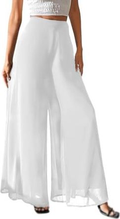 Generic Robe de plage en mousseline de soie pour femme, pantalon palazzo &agrave; jambes larges, fluide, l&eacute;ger, long, tendance, pantalon d&eacute;contract&eacute;, blanc, L