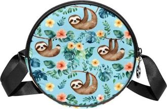 Generic Sac &agrave; bandouli&egrave;re rond pour femme, motif paresseux et fleurs, petit sac &agrave; bandouli&egrave;re avec fermeture &eacute;clair, bretelles r&eacute;glables, sac &agrave; main rond d&eacute;co