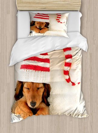 Abakuhaus Dackel Bettbezugs Set für Einzelbetten, Hund in der Weihnachts Elf-Hut, Milbensicher Allergiker geeignet mit Kissenbezug, 130 x 200 cm,Zimt
