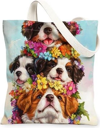 Generic Sac fourre-tout en toile motif chien du printemps Saint-Bernard 33 x 38,1 cm, sac &agrave; bandouli&egrave;re r&eacute;utilisable pour femme, peinture danimaux domestiques