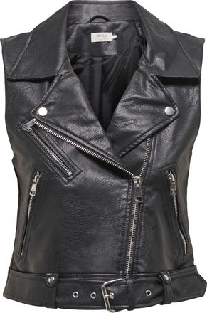 Only Kunstleder Biker Weste Kurz Lässige Cropped Jacke ohne Ärmel Asymmetrisch Taille ONLVERA, Farben:Schwarz-2,Größe Damen:S