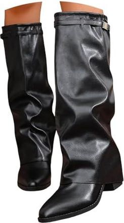 Generic Bottes plates pour femme - Bottes souples mi-mollet à enfiler - En daim - Avec fermeture éclair latérale - Chaussures plates à enfiler - Longueur moll