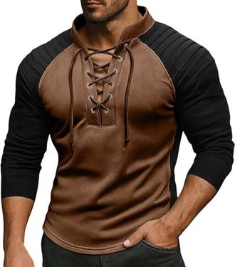 Generic Haut &agrave; manches longues de style m&eacute;di&eacute;val pour homme avec lacets sur le devant, coupe ajust&eacute;e, manches raglan contrast&eacute;es, col montant, vintage en daim