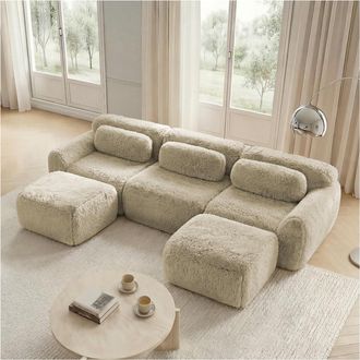 Generic Modernes 2-Sitzer-Sofa, modulares Sofa, rutschfeste Basis, mit 2 Kissen, extra breite ergonomische Armlehnen,for Lesen und Arbeiten(Caqui Claro+Peluch