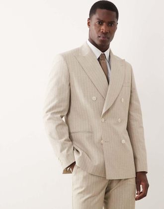 Asos Veste de costume ajust&eacute;e en lin m&eacute;lang&eacute; &agrave; fines rayures avec double boutonnage - Taupe-Neutral