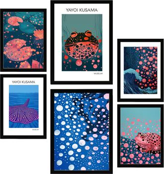 Nacnic 6er-Set Kusama-Fisch Gerahmtes Poster mit Design-Illustrationen zur Dekoration der W&auml;nde Ihres Zuhause Zimmer B&uuml;ro Laden Malerei im A3 & A4 Schwarzer 