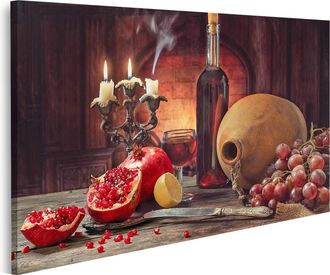 Islandburner Bild auf Leinwand Stillleben Rustikaler Stil Obst Granatäpfel Trauben Zitrone Holztisch Wein Bilder Wandbilder Poster