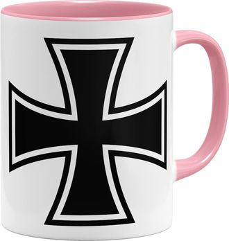 OM3 Eisernes Kreuz Tasse Iron Cross - Keramik Becher - 325ml - Beidseitig Bedruckt - Rosa