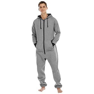 Generic Grenouillère pour homme - Couleur unie - Fermeture éclair - Col en V - Manches longues - Sweat à capuche, gris, M