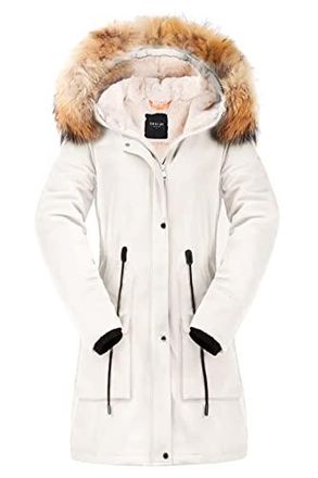 Orolay Veste Dhiver Mi-Longue en Laine Dagneau &agrave; Capuche et Col Montant pour Femme Beige XXL