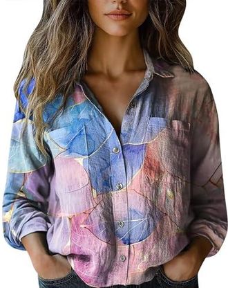 Generico Chemise Femme Curvy Manches Longues Blouse en Lin Coton D&eacute;contract&eacute; Respirant Chemisier Col en V L&eacute;ger Chemises Vintage Fantaisie avec Boutons Classiq